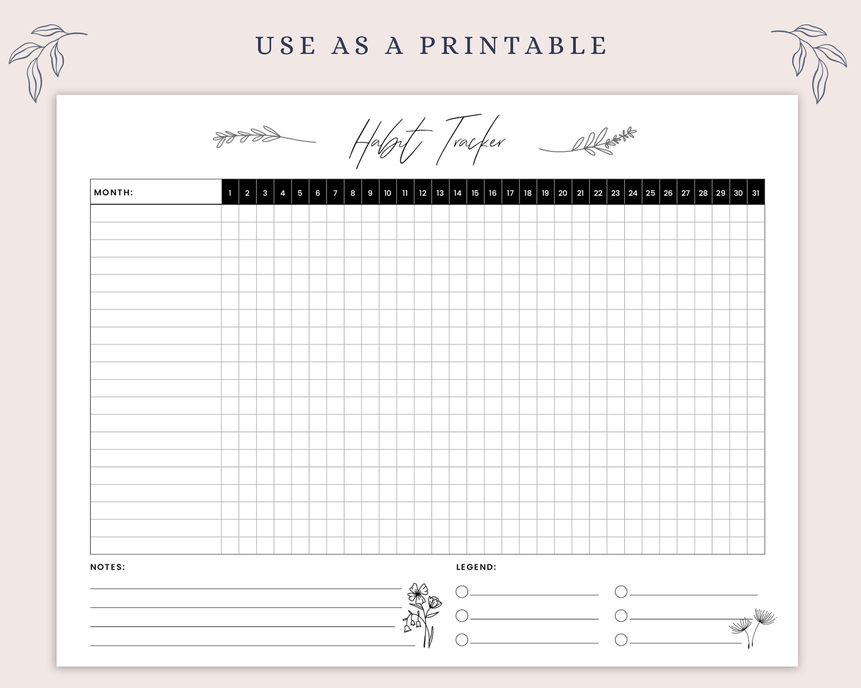 Boho Monthly Habit Tracker - 4 Color Variations Included | Printable ...