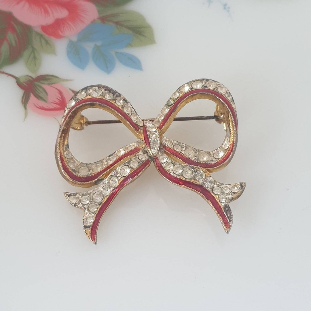 Vintage Paste Bow Brooch, Sterling Mint Paste Bow Brooch, Red Enamel ...