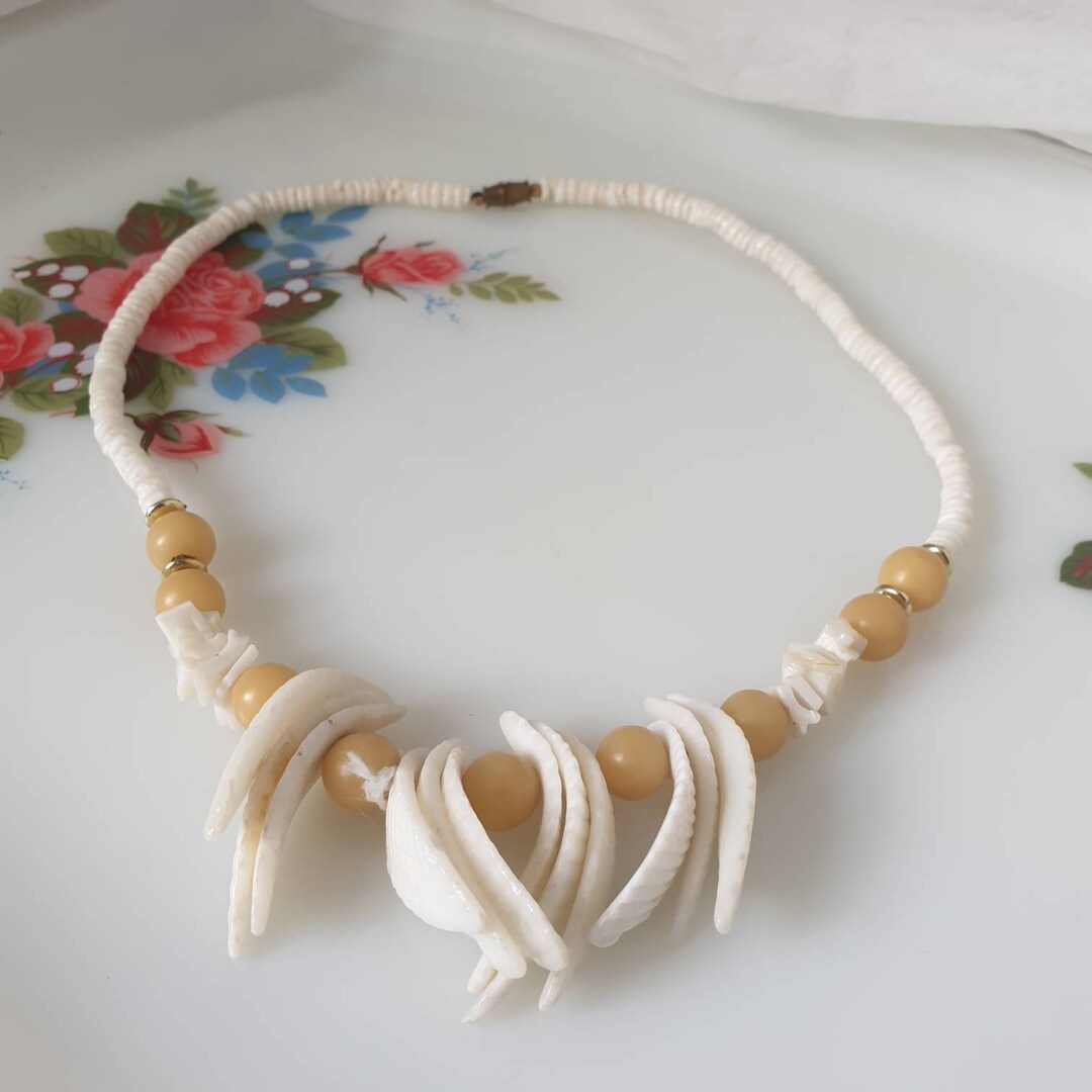 Vintage Tooth Fringe Necklace, Shell and Bead Collar Necklace, Vintage ...