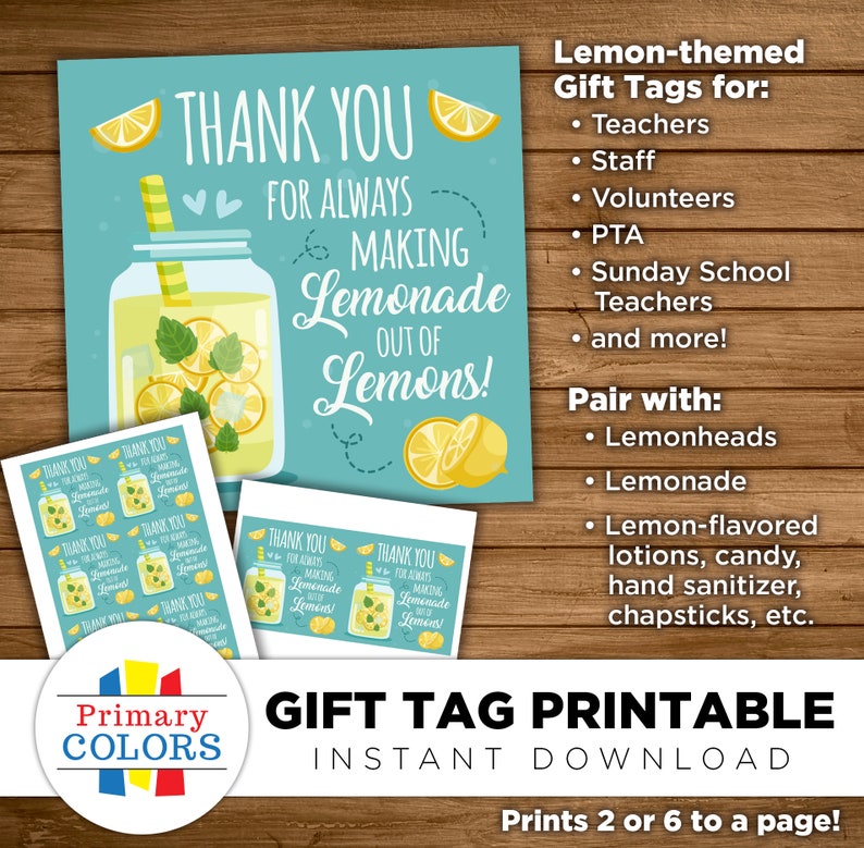 Making Lemonade Out of Lemons Gift Tags, Printable/digital. Thank You, Appreciation, Teachers ...