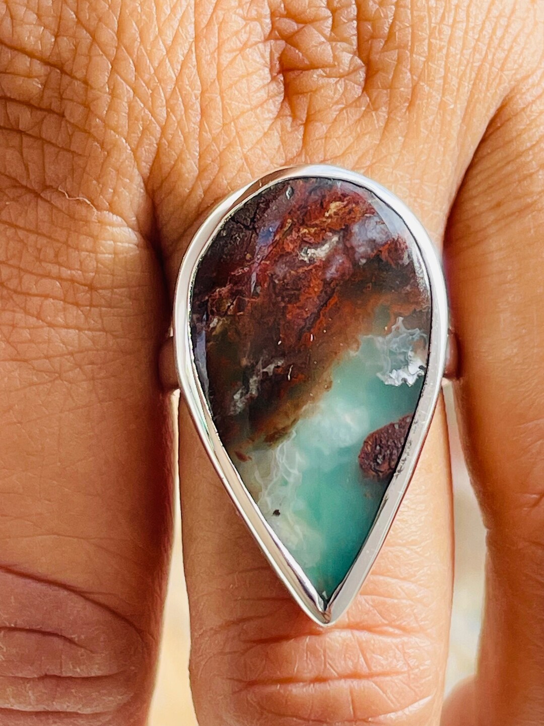 High Quality AFRICAINE Chalcedony Ring Green Blue Brown Natural Gemstone ,NEW CHALCEDONY Solid ...