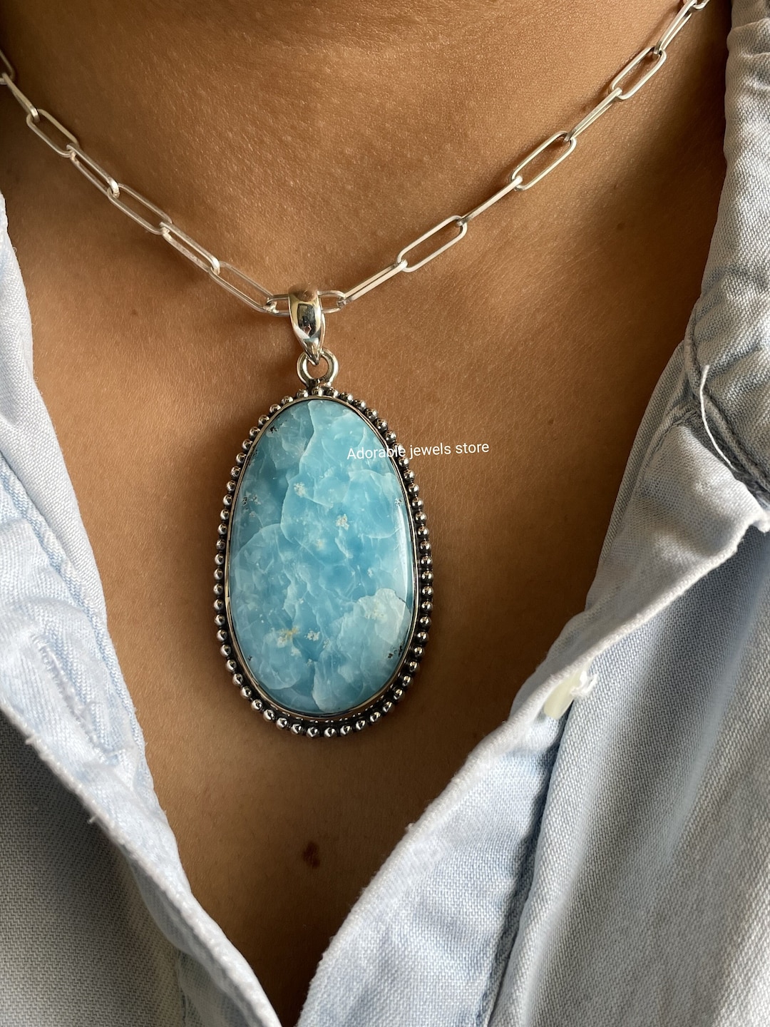 Ocean Blue Colour Hemimorphite Solid 925 Sterling Silver Pendant ...