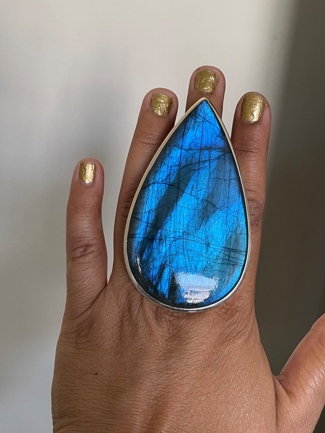 74x42mm HUGE Labradorite Ring Big Flashy Crystal Large Gemstone Solid ...