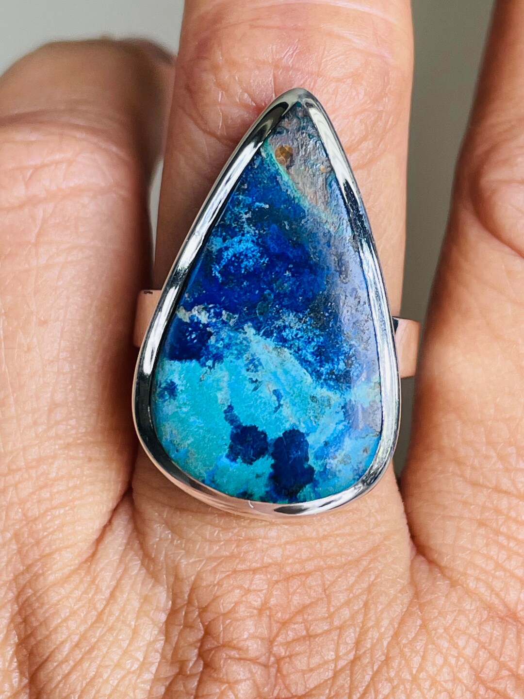 Rare Blue Bird Azurite Gemstone Solid Silver Ring Teardrop Shape ...