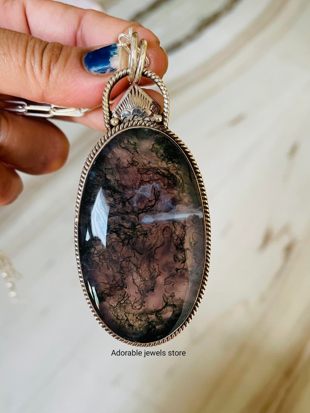 Pendentif en agate mousse solide 925 Pendentif argent Mousse naturelle ...