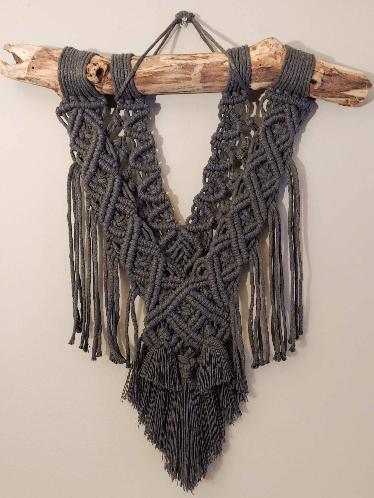 Geopattern Macrame Wall Hanging, Gray Cotton Cord in Natural Driftwood ...