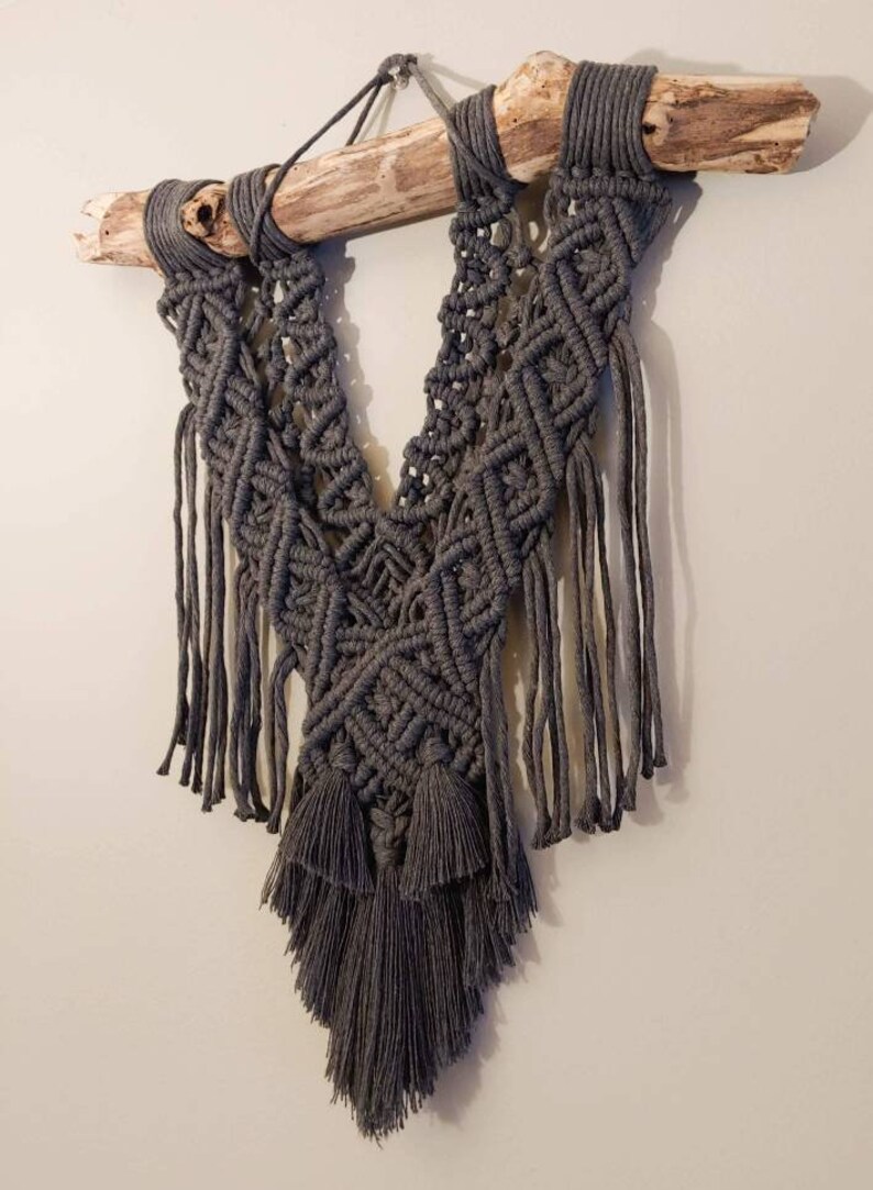 Geopattern Macrame Wall Hanging, Gray Cotton Cord in Natural Driftwood ...