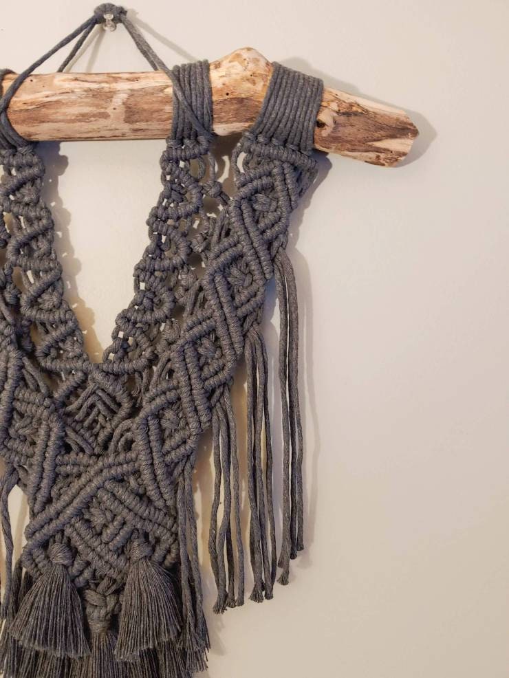 Geopattern Macrame Wall Hanging, Gray Cotton Cord in Natural Driftwood ...