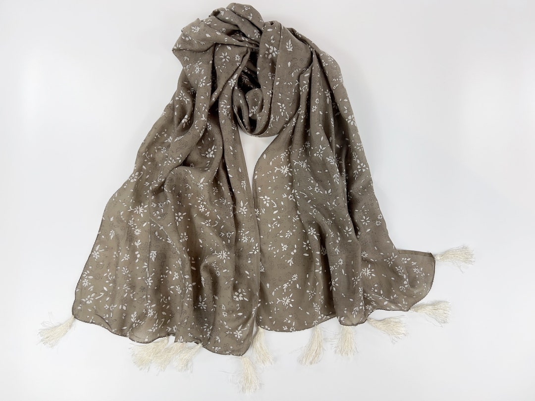 Botanical Print Gray Head Scarf Women, Hand Block Printed Soft Hair ...