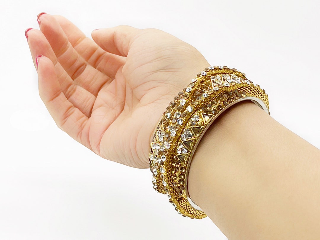 Jaipur Lac Gold Bangles Pair Women, Rhinestone Punjabi Bracelet Bangle ...
