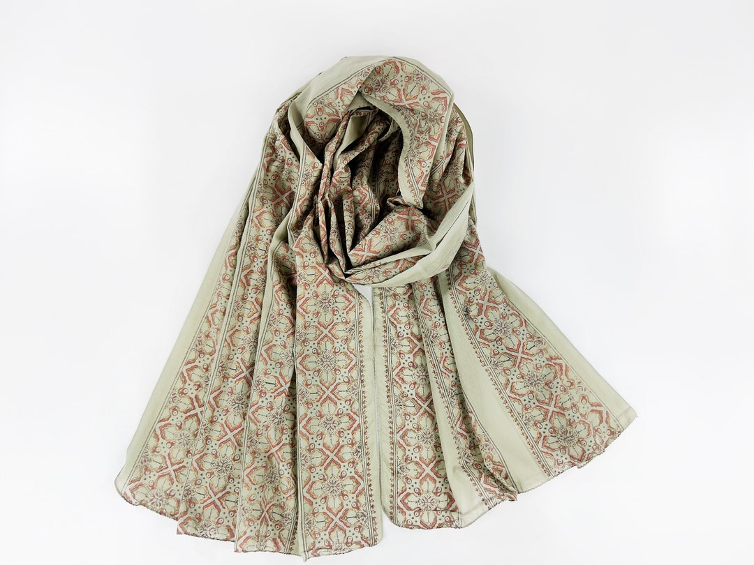 Indian Block Print Cotton Hair Scarf for Women, Sage Green Long Skinny ...