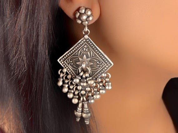 Sterling Silver Tribal Drop Earring for Women Handmade Statement Earring Gift for Her Wedding Jewelry Vintage Style Indian Jewelry Etsy