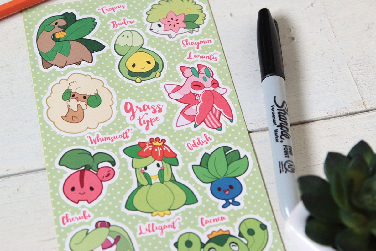 Grass Type Pokemon Sticker Sheet Pokemon Type Series | Etsy