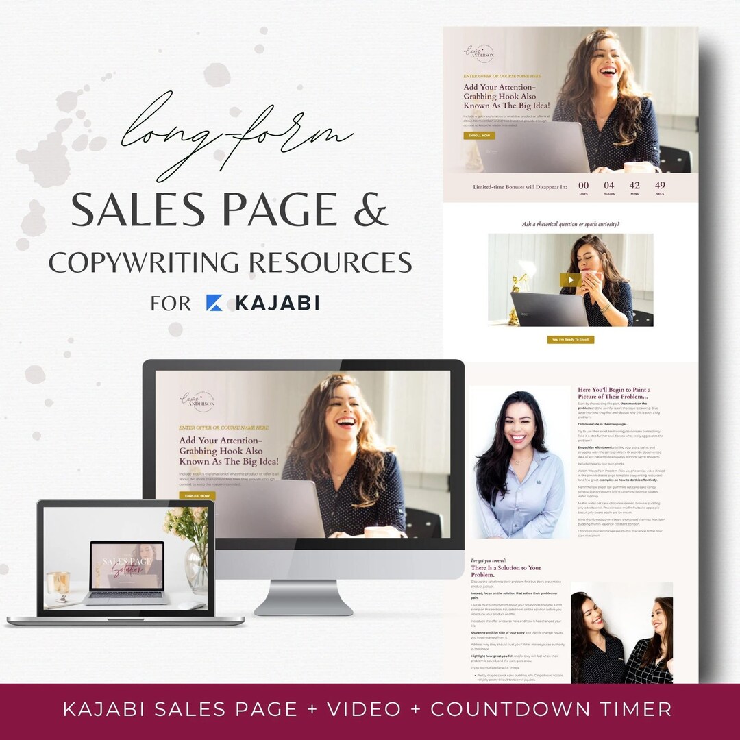 Kajabi Long-form Sales Page + Video + Countdown Timer | Landing Page Feminine Template - Pink ...
