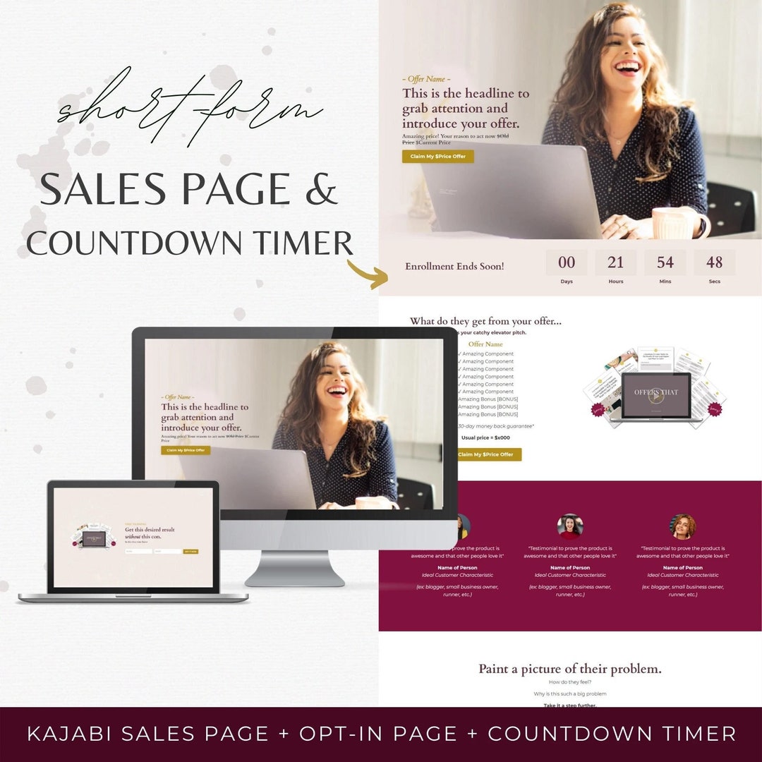 Kajabi Short-form Sales Page + Opt-in Page + Countdown Timer | Landing Page Feminine Template ...