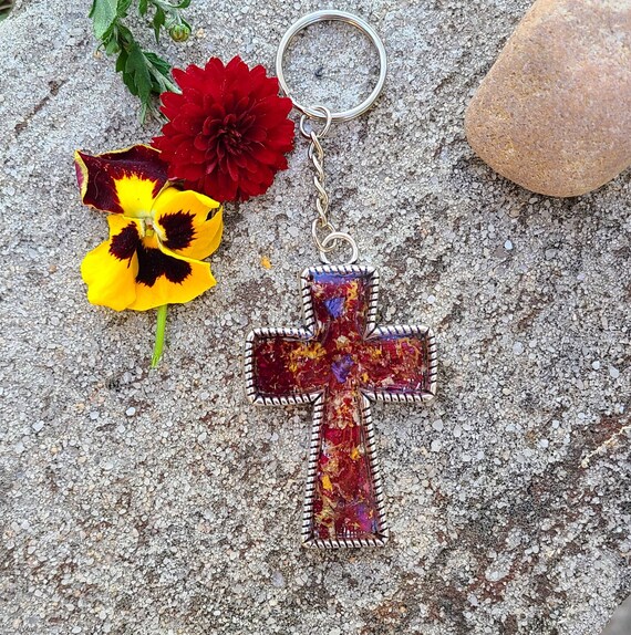 Flower Petal Cross Keychain. Memorial Beads. Wedding Flowers. - Etsy