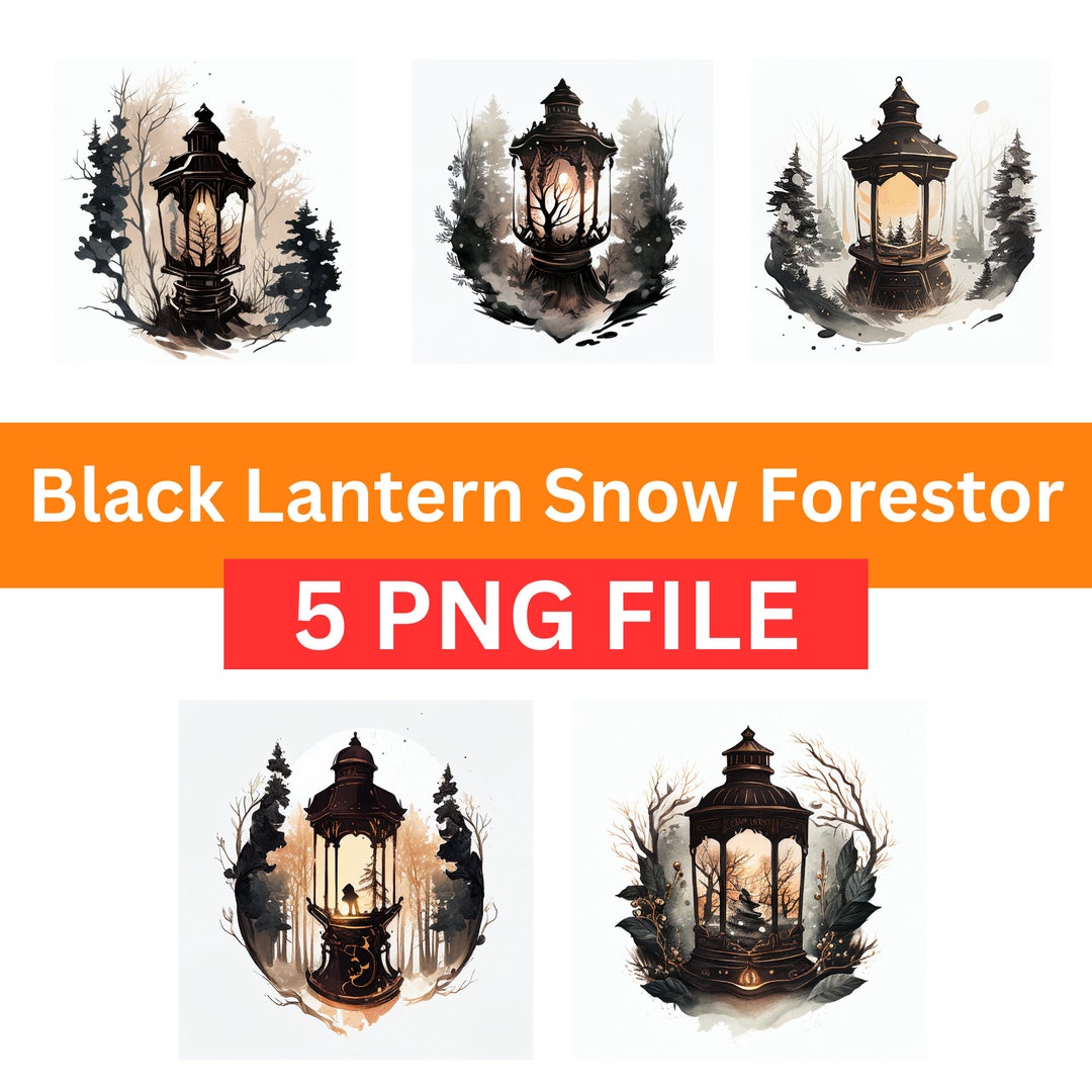 Instant Digital Download, Watercolor Effect, Black Lantern Snow Forest ...