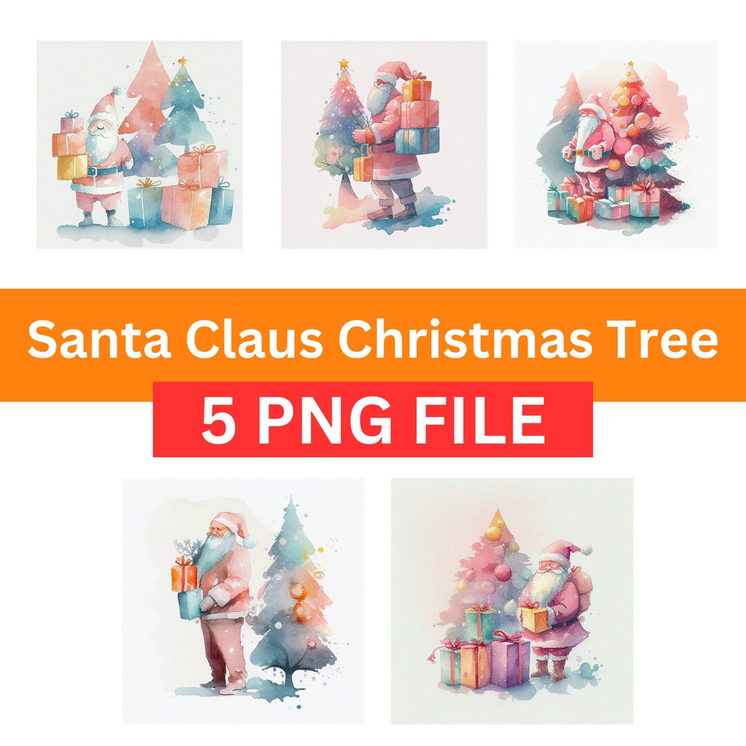 Santa Claus Christmas Tree Watercolor Clipart Bundle Instant Digital ...