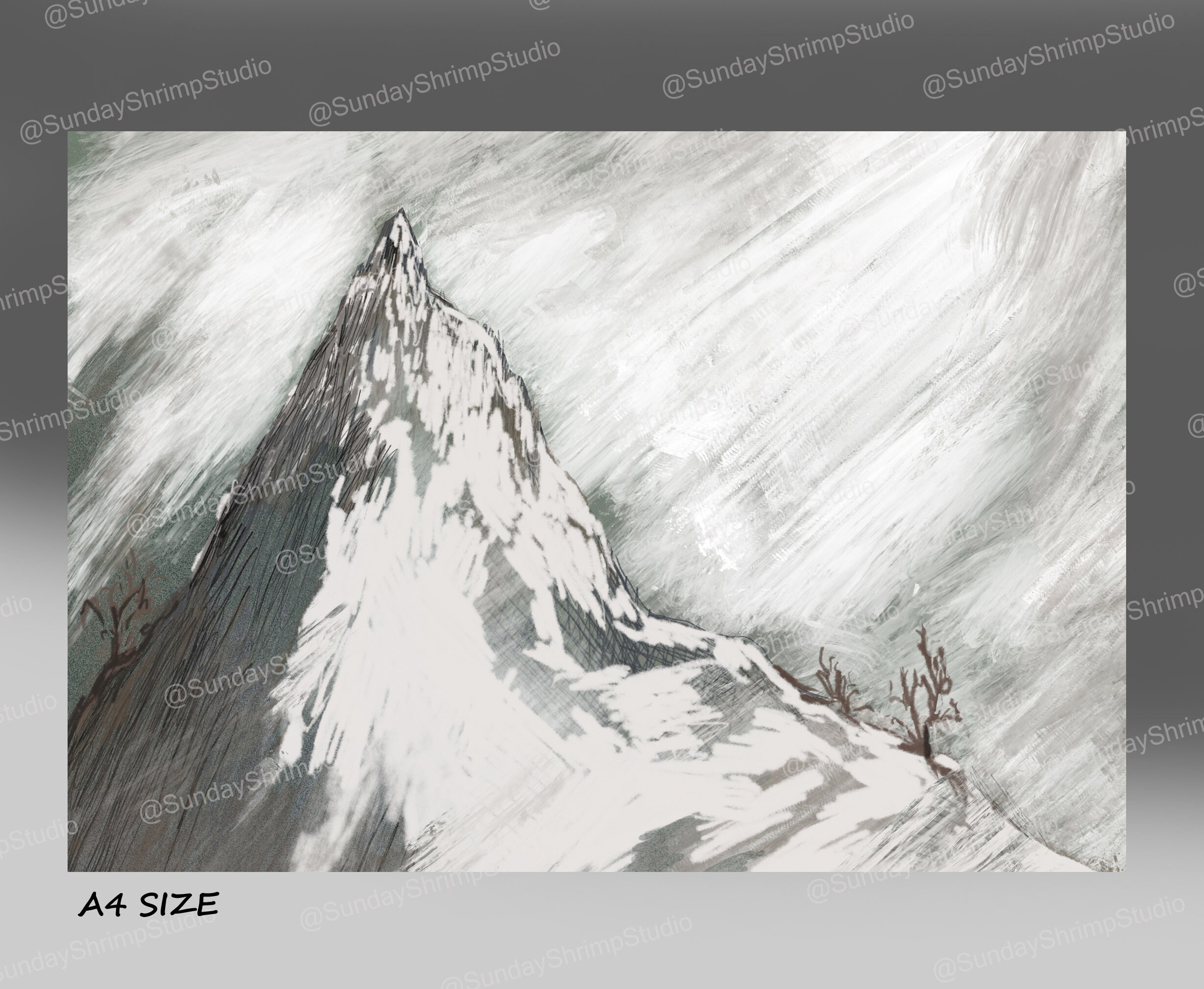 Smoky mountain peak drawing Foggy mountain scene painting | Etsy