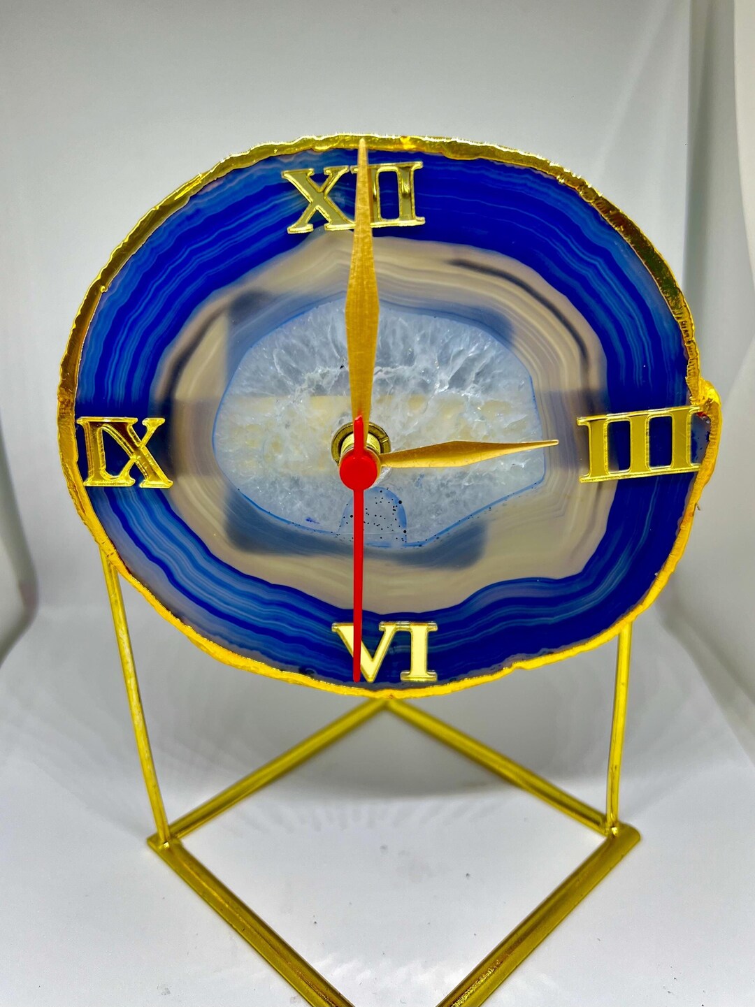 Natural Handmade Agate Stone Desk Clock With Metal Stand, Office Decor ...