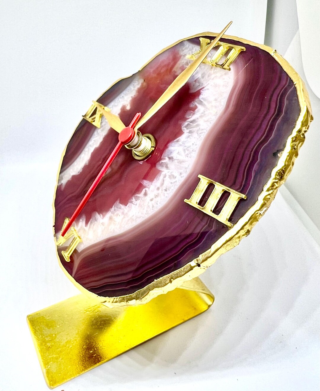 Natural Handmade Agate Stone Desk Clock With Metal Stand, Office Decor ...