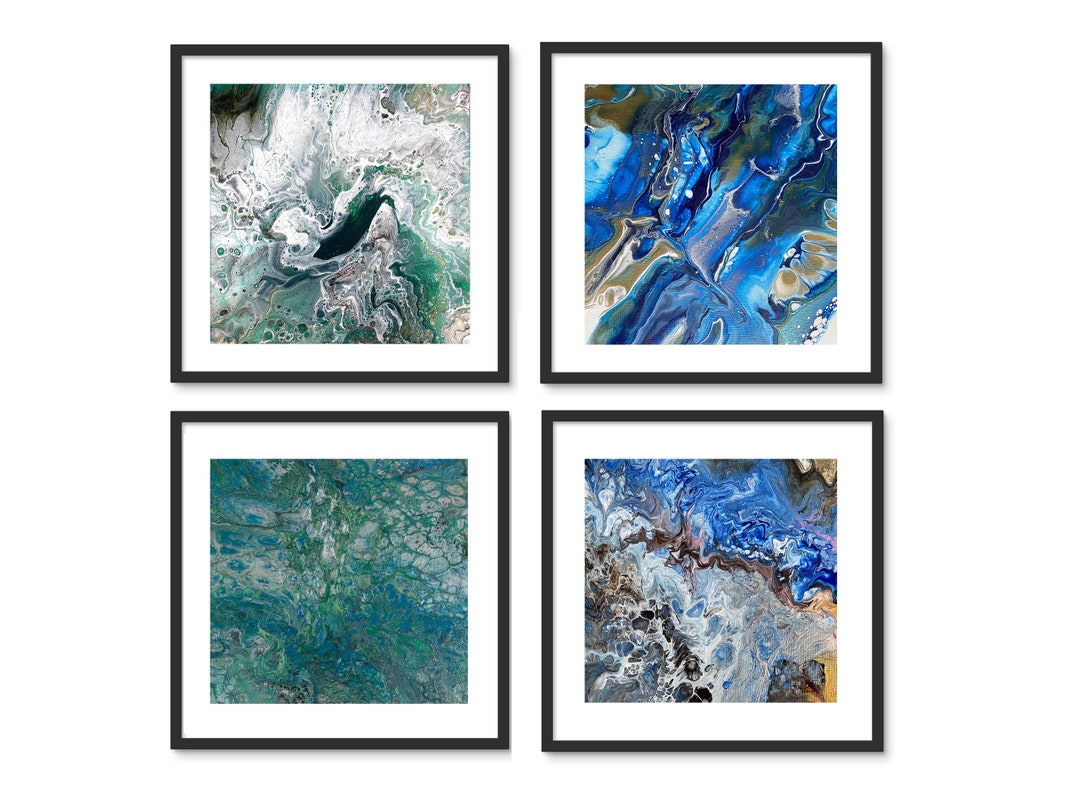 Set of 4 Square Abstract Art Framed Prints; Restickable Wall Art Tiles ...