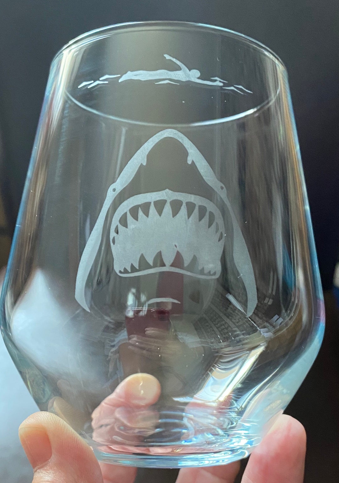 Etched Glass Shark, Stemless/stemmed Wine Glass - Shark Attack ...