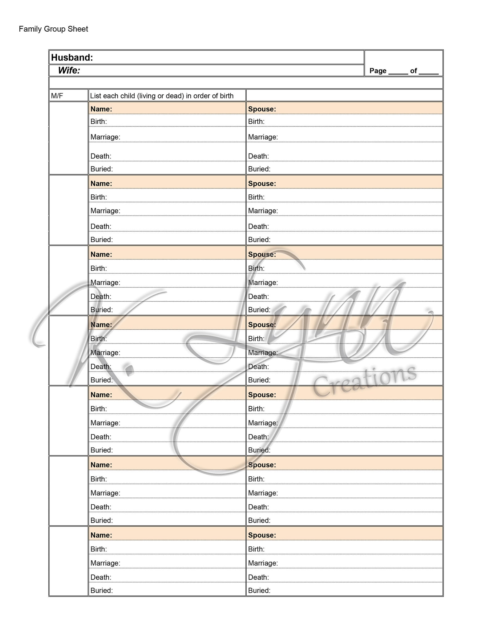 Family Group Sheet With Details, Front and Back, Instant Download ...