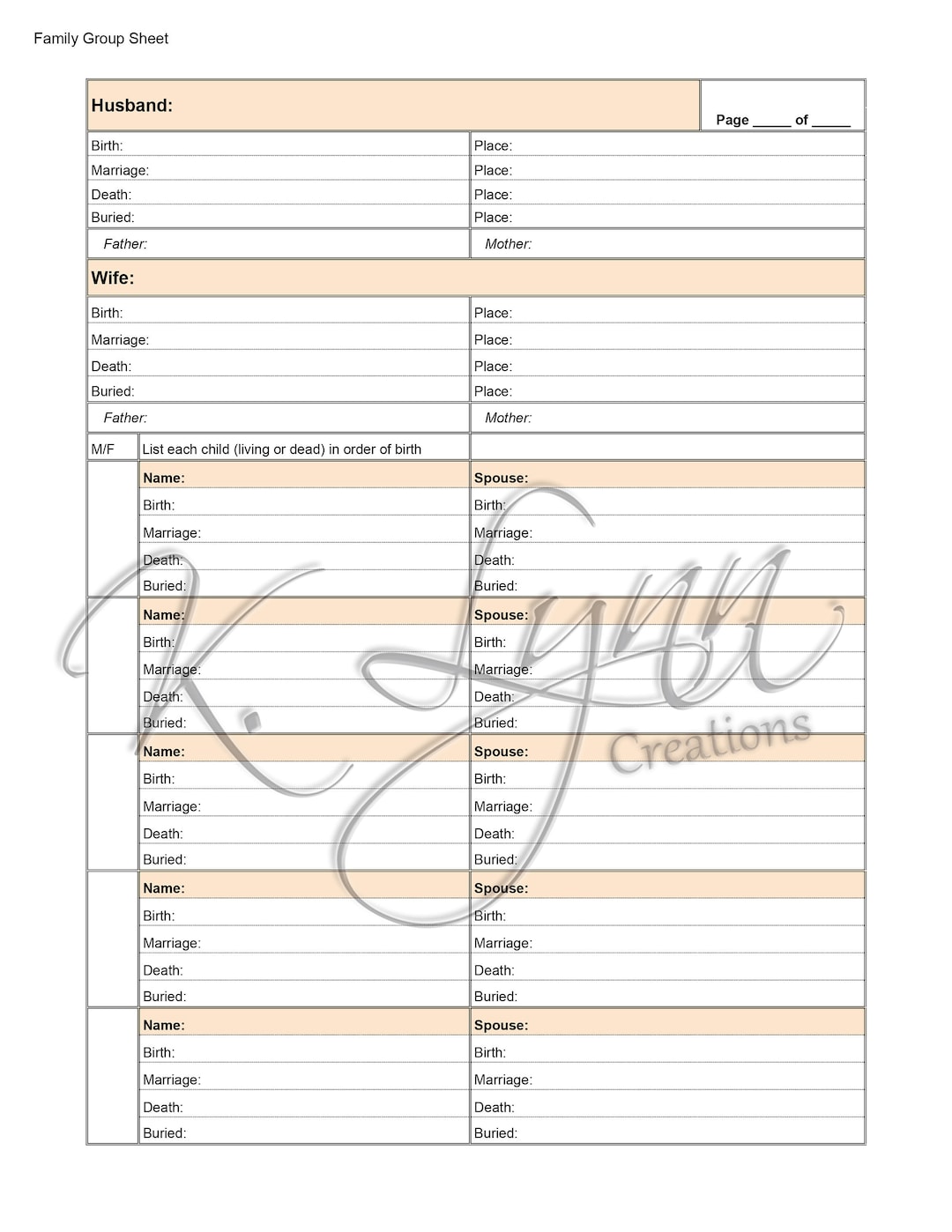 Family Group Sheet With Details, Front and Back, Instant Download ...
