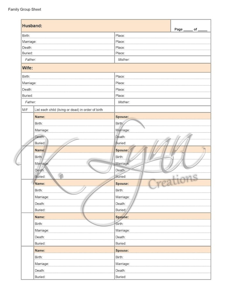 Family Group Sheet With Details, Front and Back, Instant Download ...