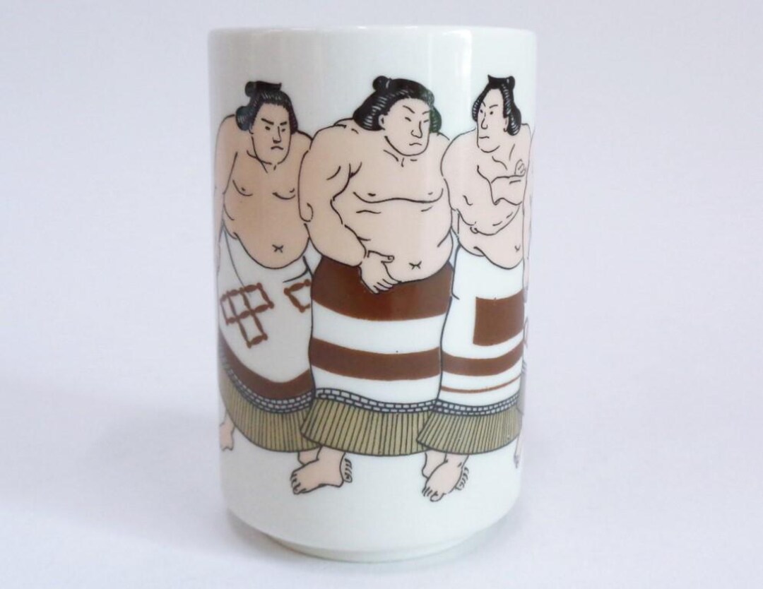 Yunomi Tea Cup "sumo Wrestlers" Pattern, Japanese Studio Ceramic Chawan ...