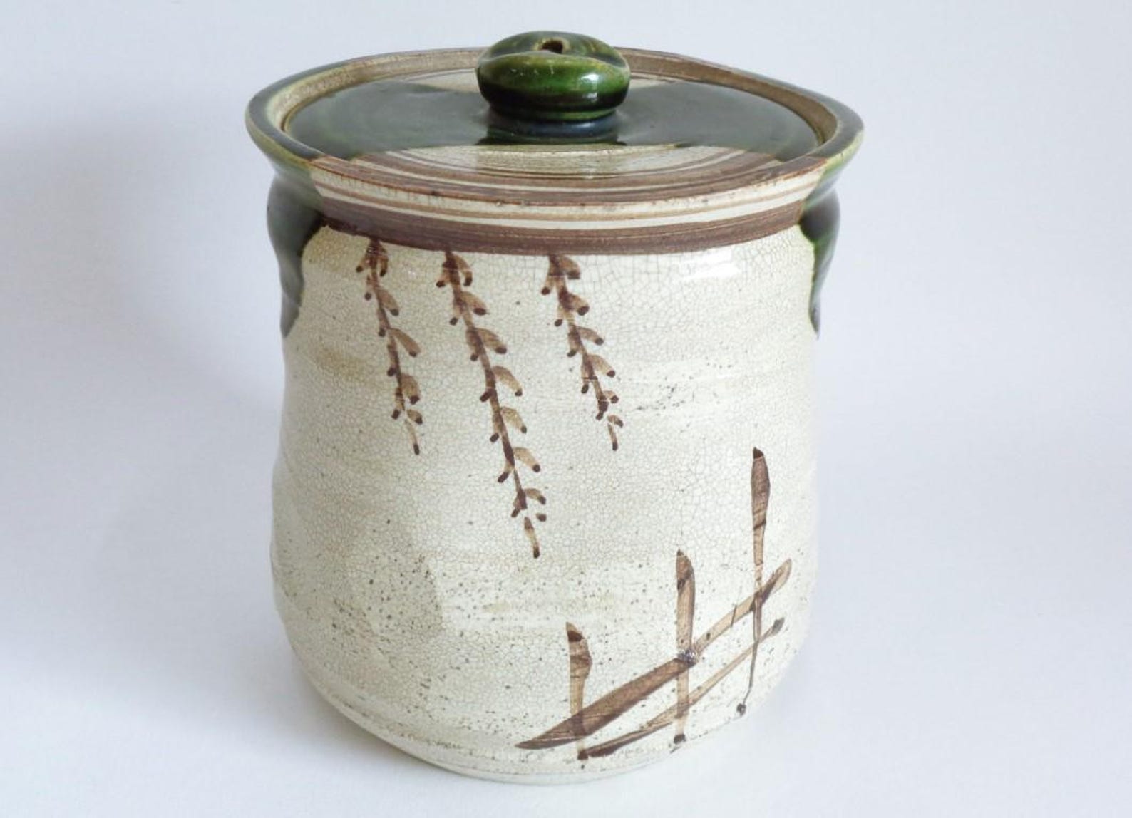 Antique Oribe Mizusashi Jar, Japanese Oribe Hand Made Pottery Green ...