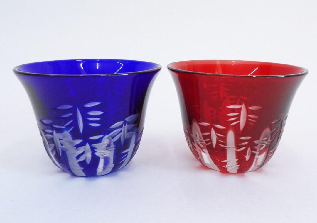 Edo Kiriko Sake Cups Pair Japanese High-quality Blue & Red Art Glass ...