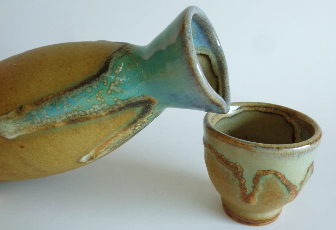 Tenmoku Sake Bottle & Sake Cup Set,japanese Agano Ware Studio Pottery ...