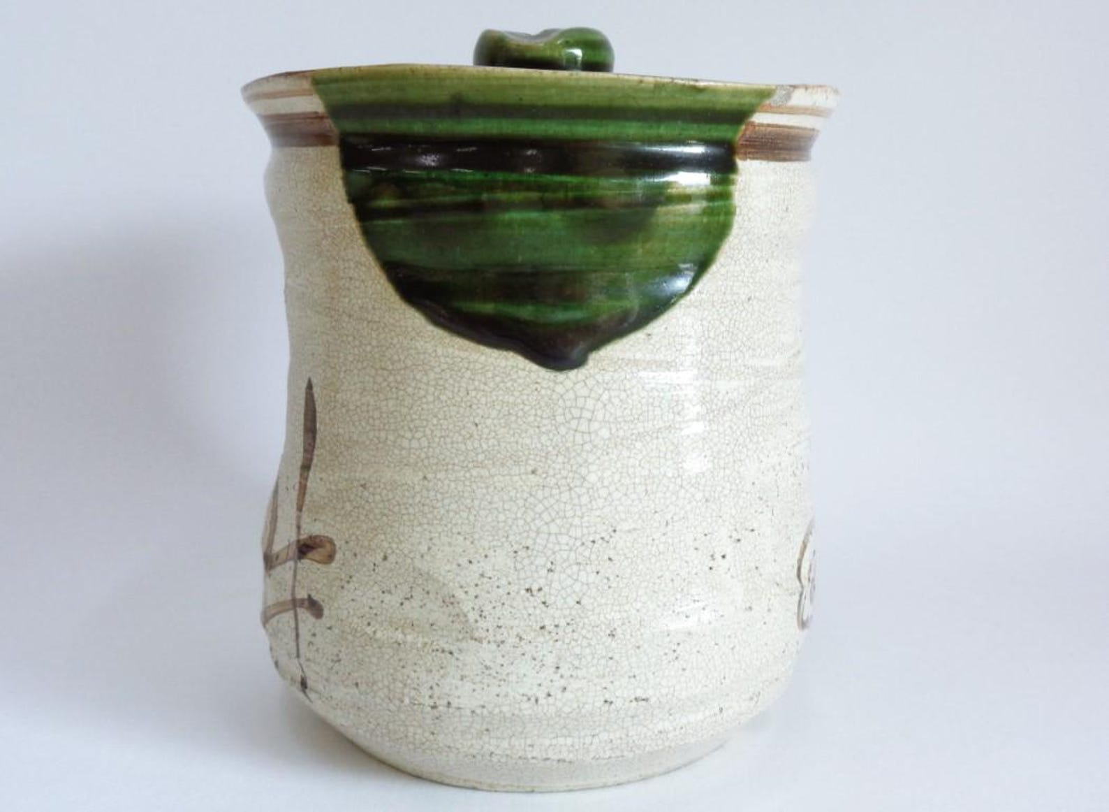 Antique Oribe Mizusashi Jar, Japanese Oribe Hand Made Pottery Green ...
