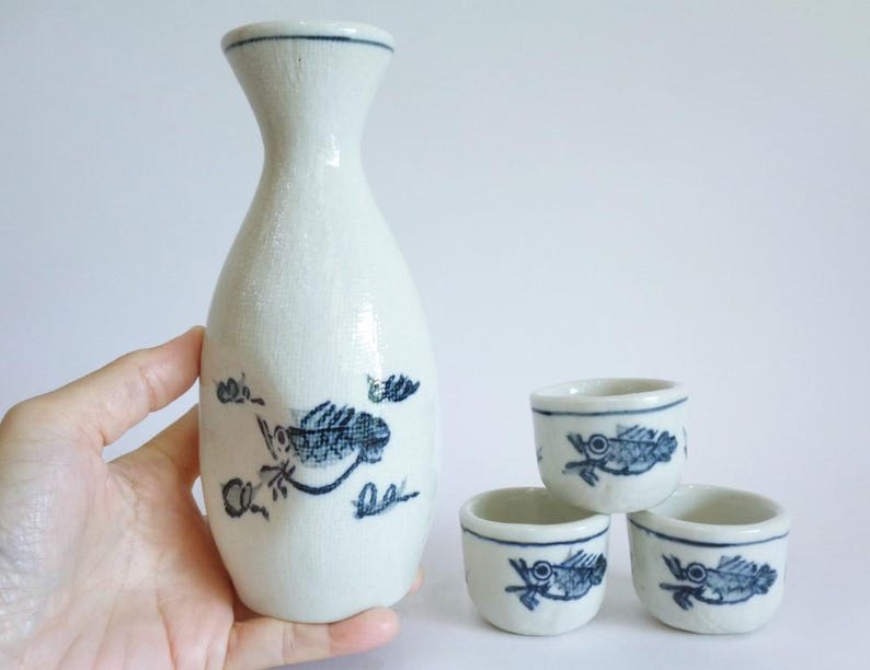 Sake Set Tokkuri Bottle & 3 Cups "fish" Pattern Japanese Handmade Hand ...
