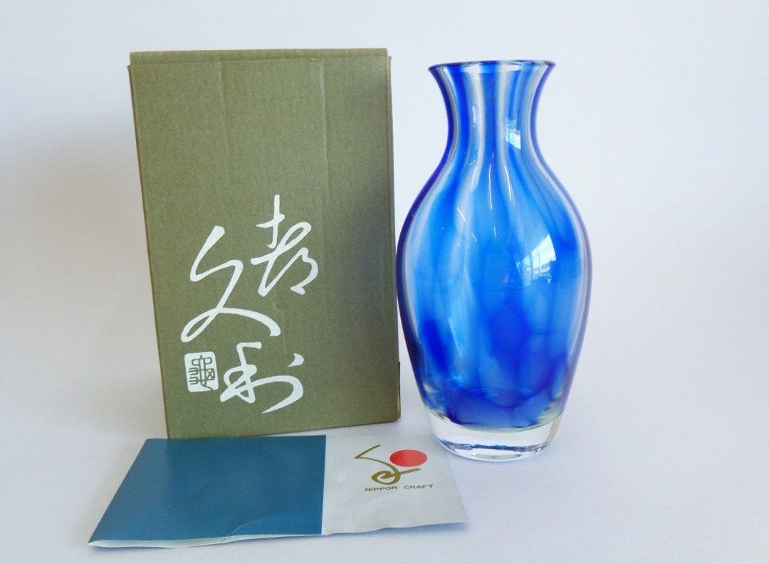 Japanese Artistic Glass Sake Flask, Handcrafted Tokkuri Blue Bottle ...