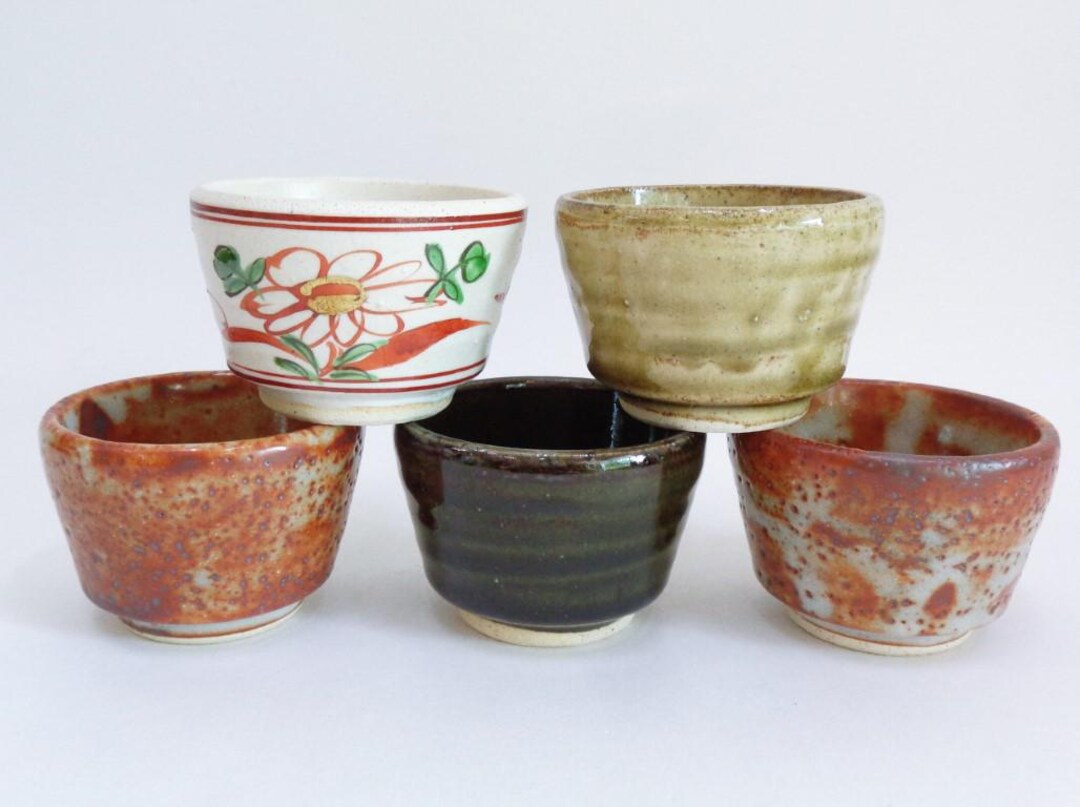 Sake Cups Set Five Styles of Mino-ware , Japanese Studio Pottery Hand ...