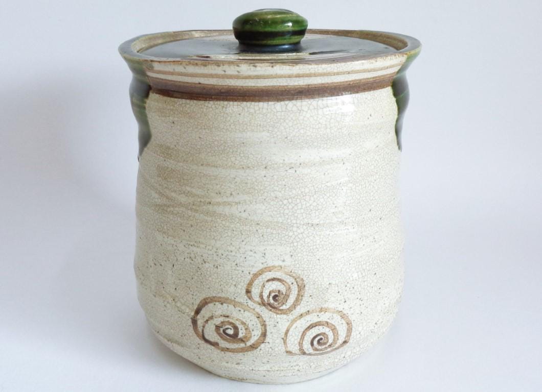 Antique Oribe Mizusashi Jar, Japanese Oribe Hand Made Pottery Green ...