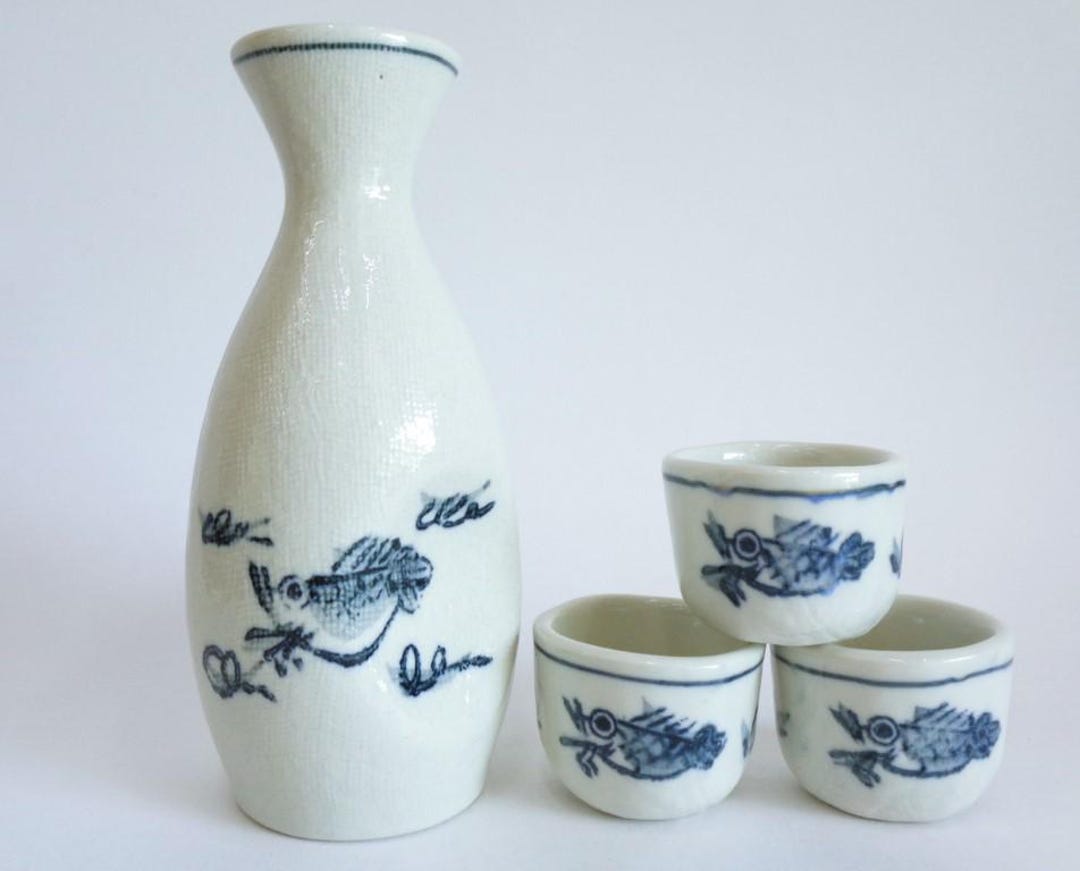 Sake Set Tokkuri Bottle & 3 Sake Cups "fish" Pattern Japanese Handmade ...