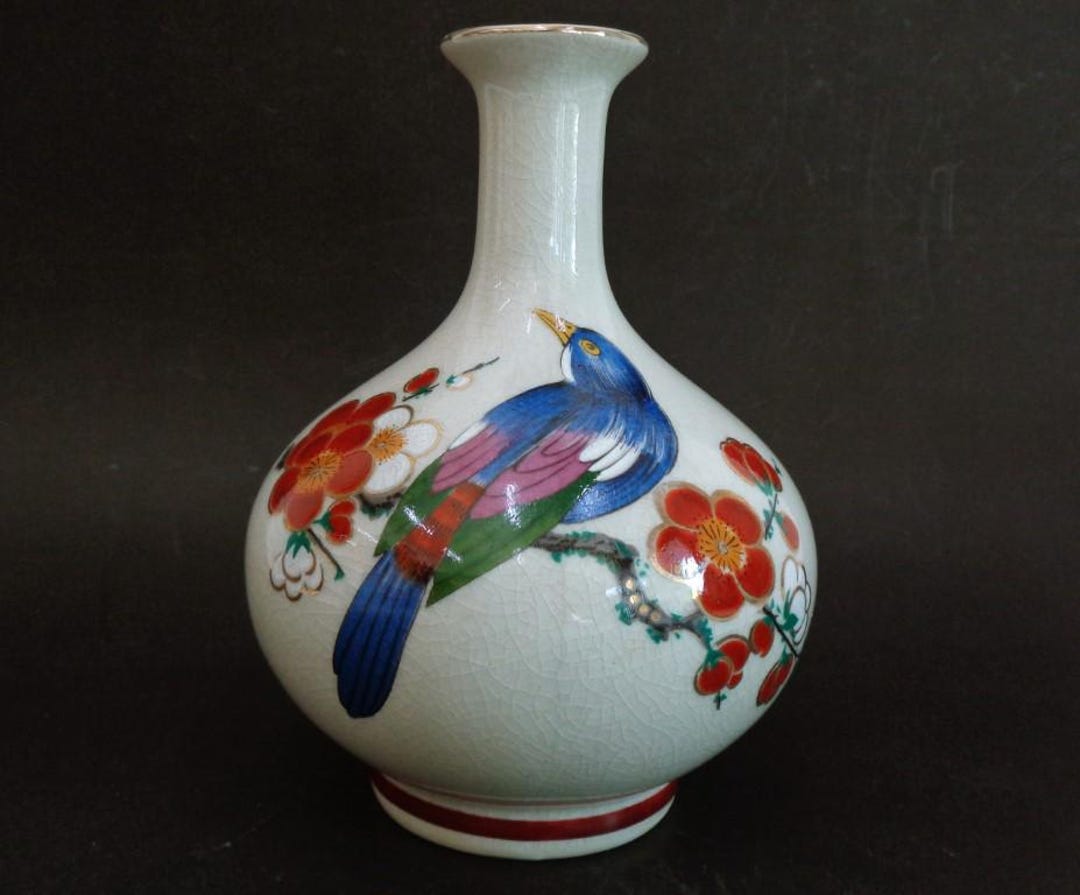 Kutani Long Neck Vase Hand Painted "bird", Vintage Japanese Kutani-yaki ...