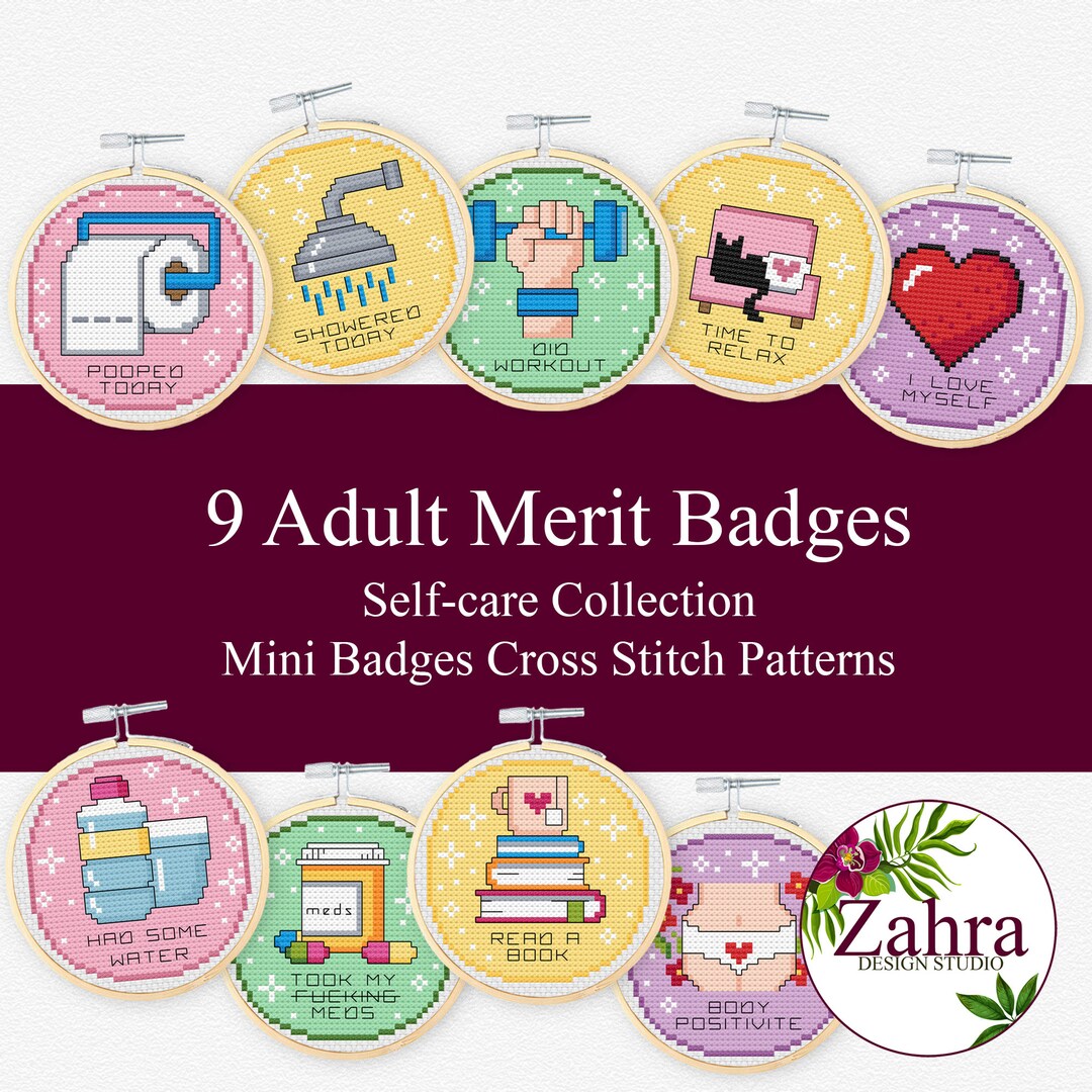 Set of 9 Adult Merit Badges! Self-care Collection! Mini Badge Cross ...