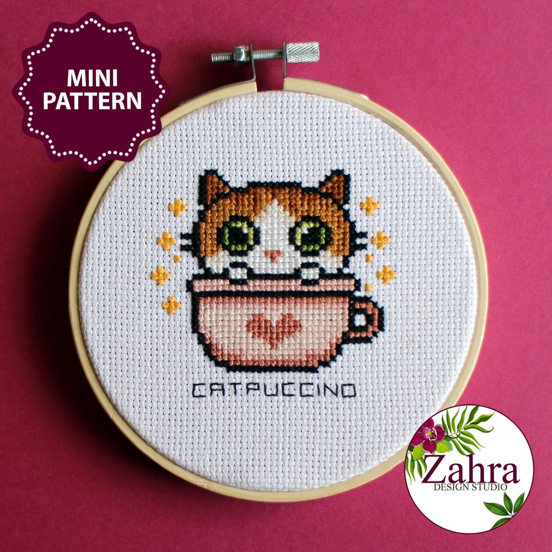 Mini Cross Stitch Pattern - Catpuccino, Cat Embroidery Design (PDF ...