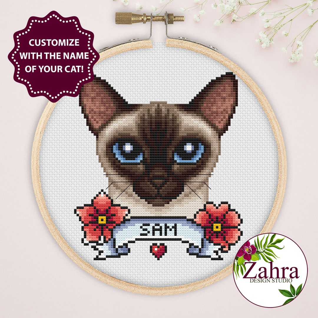 Wedgehead Seal Point Siamese Cat Cross Stitch Pattern. Cat Cross Stitch Chart. Customizable ...