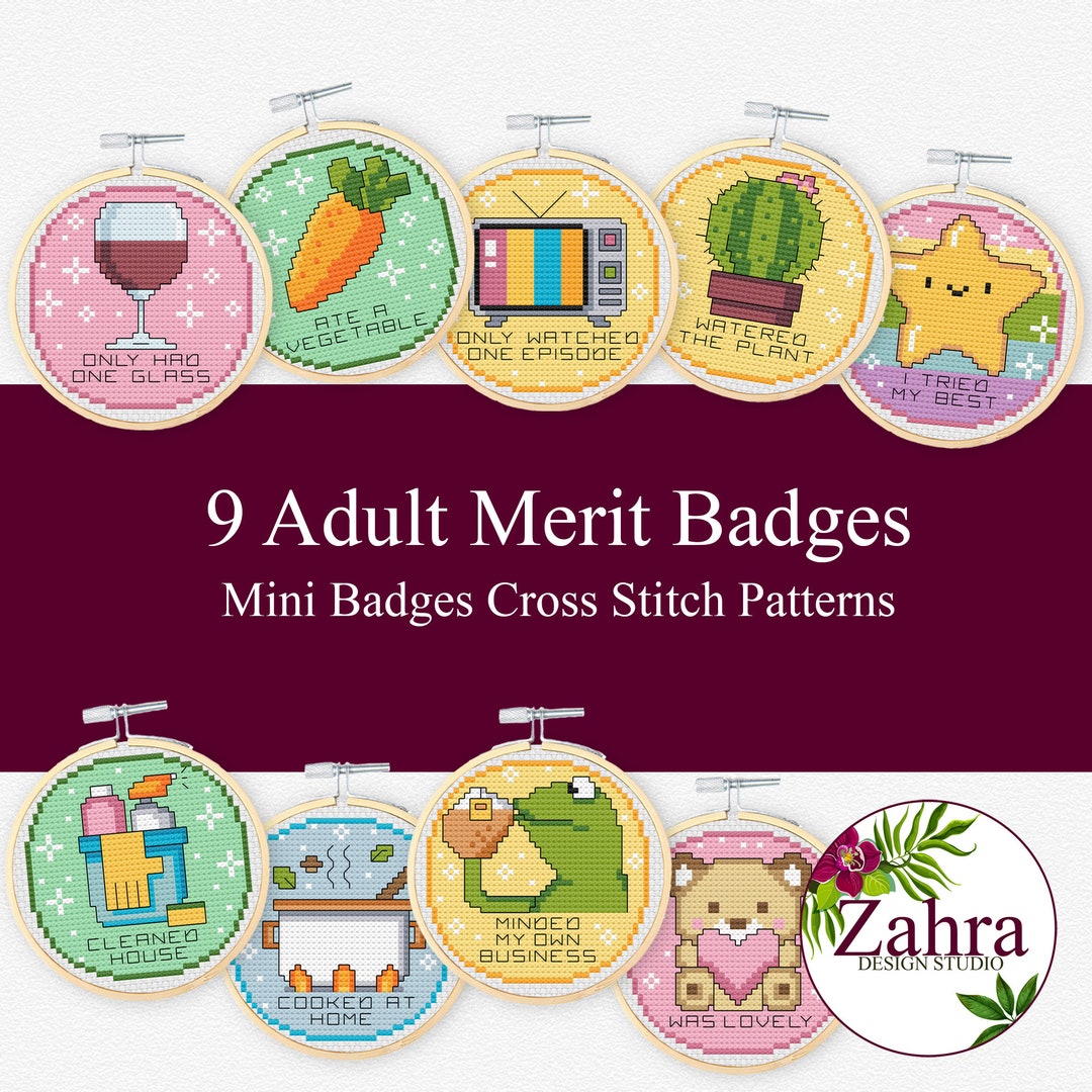 Set of 9 Adult Merit Badges! Mini Badge Cross Stitch Pattern. Easy and ...