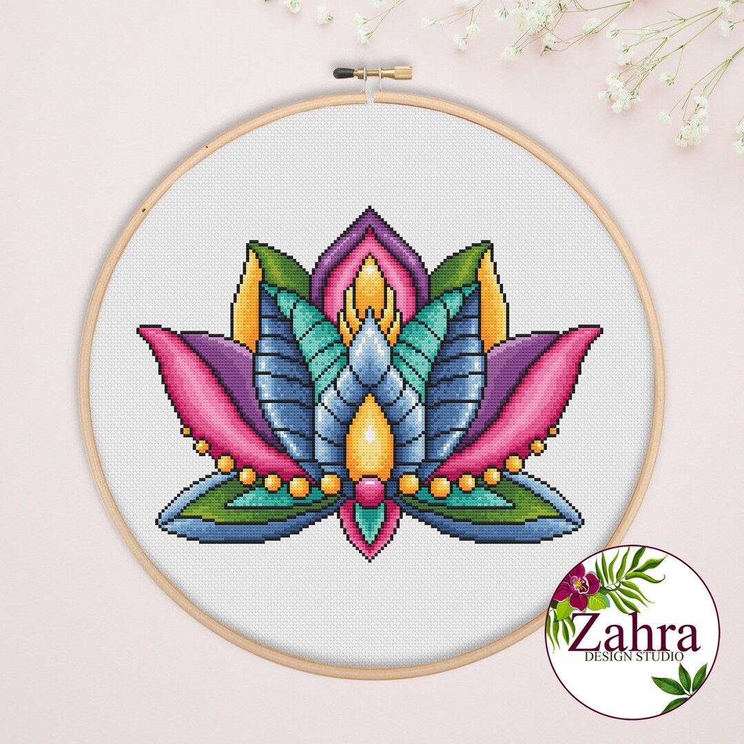 Lotus Cross Stitch Pattern. Colorful Lotus Mandala Cross Stitch Chart ...