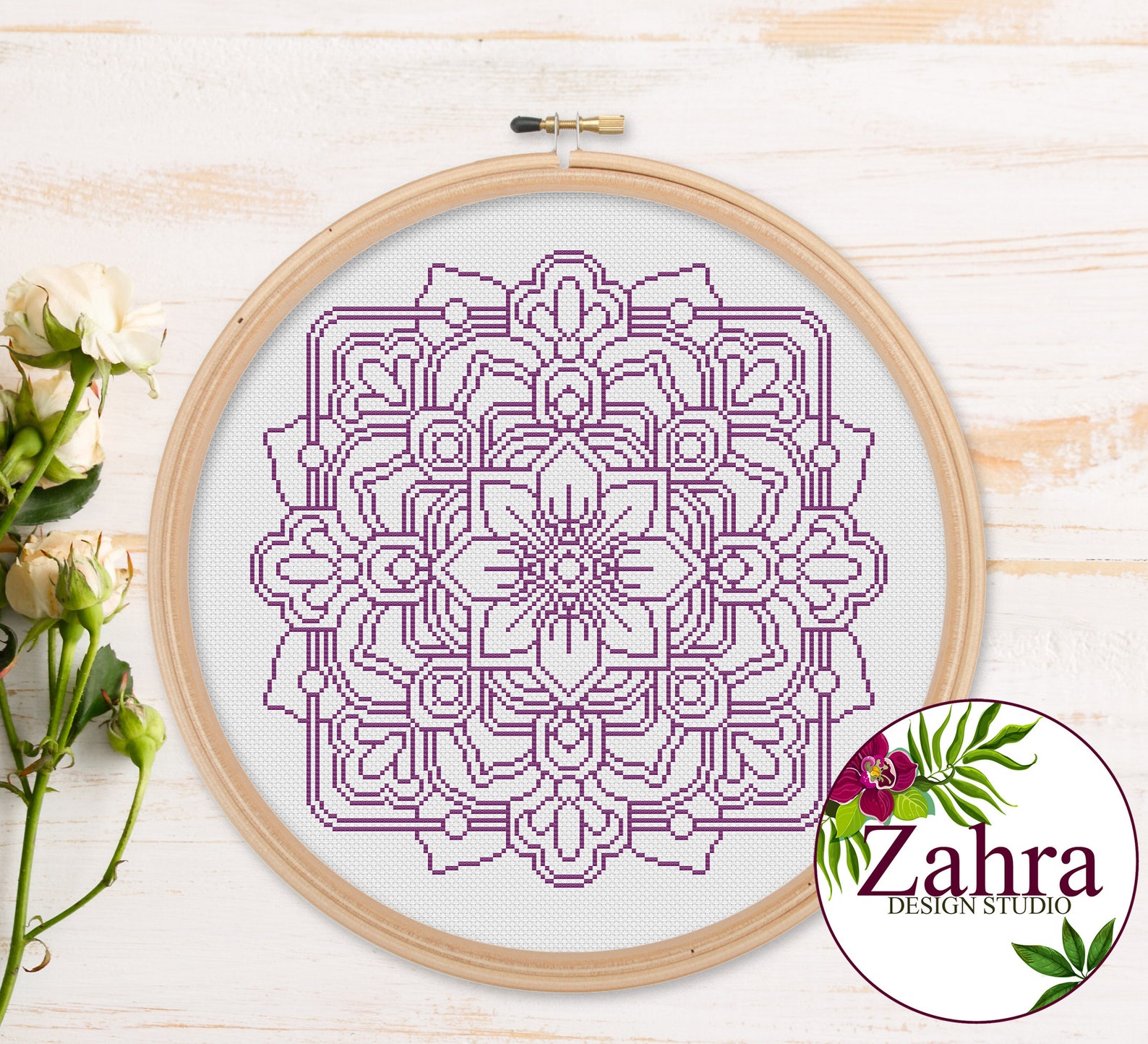 Mandala Cross Stitch Pattern. One Color Floral Mandala Cross - Etsy