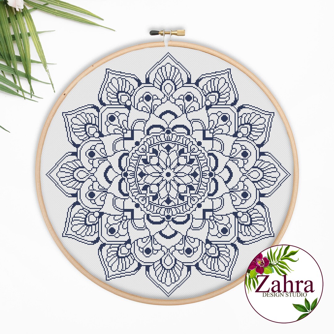 Monochromatic Mandala Cross Stitch Pattern – Modern Boho Floral ...