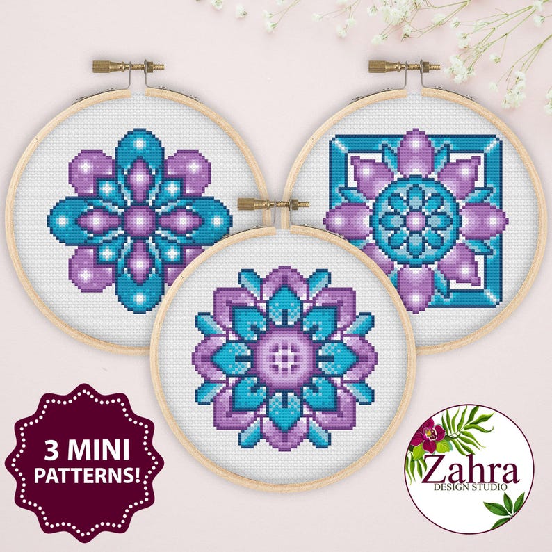 Mandala Cross Stitch Pattern: 3 Mini Floral Embroidery Design (PDF ...