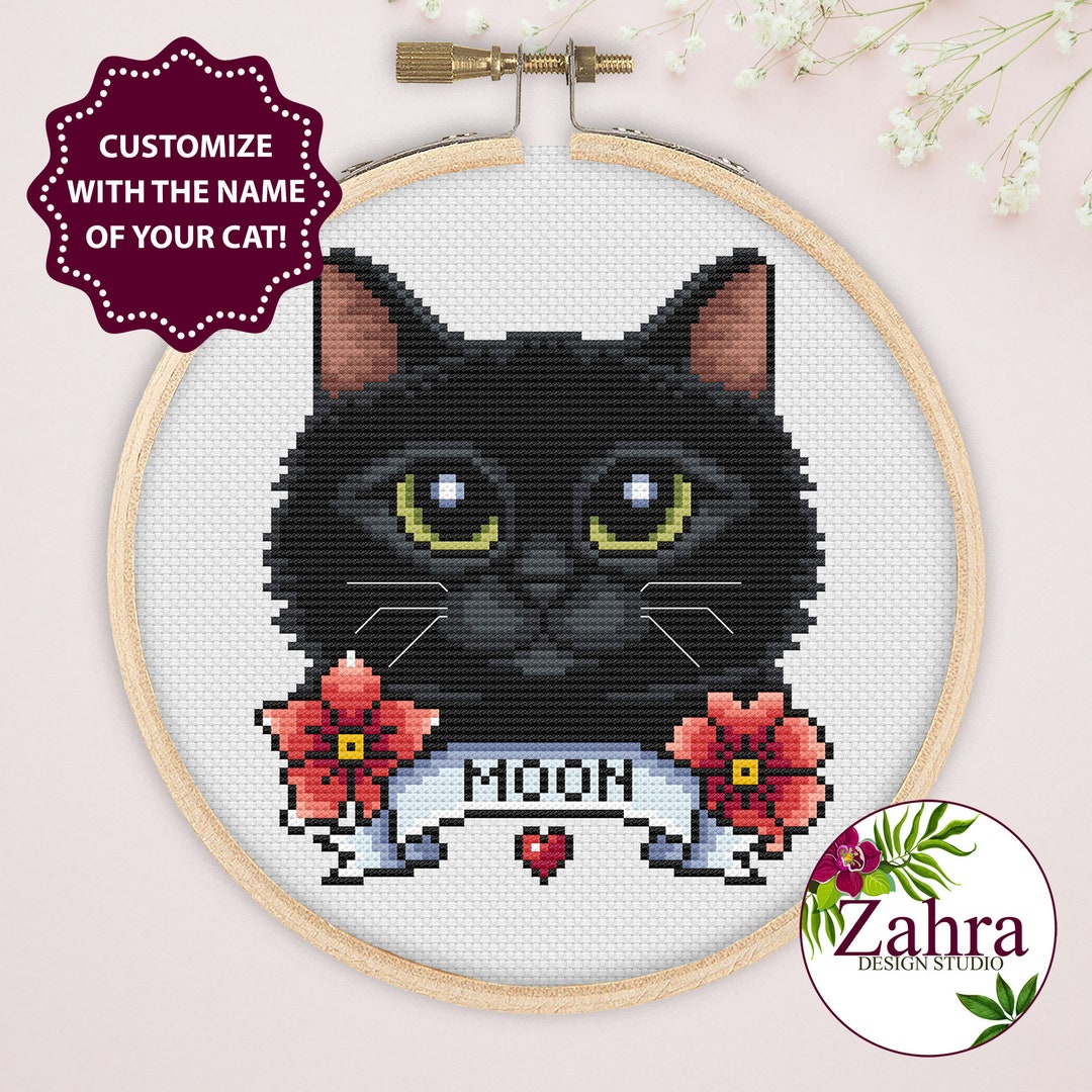 Longhaired Black Cat Cross Stitch Pattern – Pet Portrait - Embroidery ...